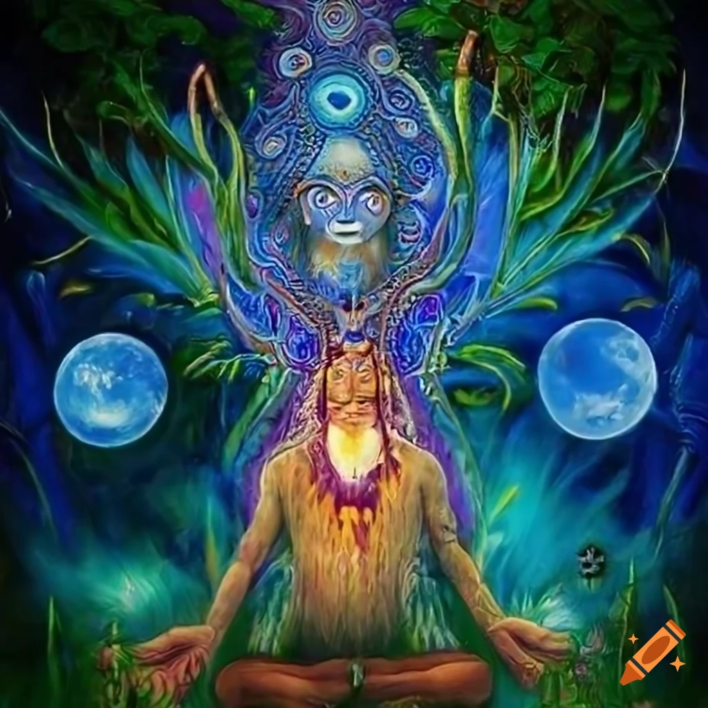 Visionary artwork depicting a shamanic ceremony with a family ...