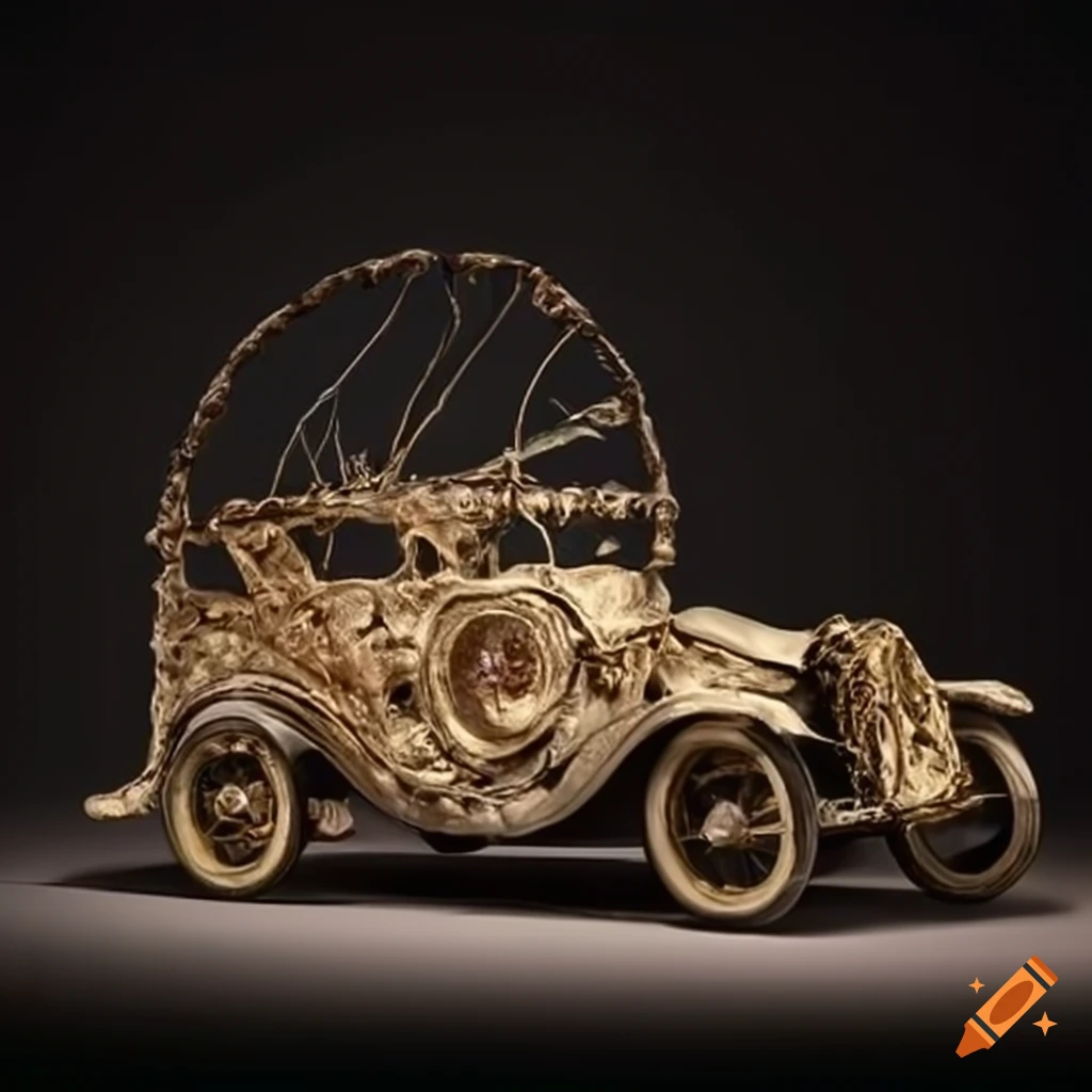 Sculpture of a car made of bones and precious stones on Craiyon