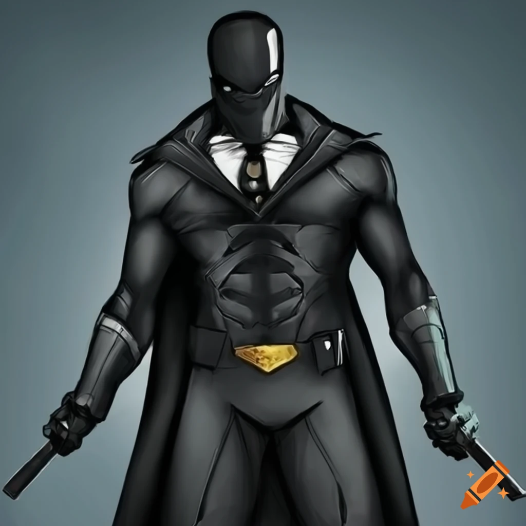 Image of a superhero wearing a black suit and bulletproof jacket on Craiyon