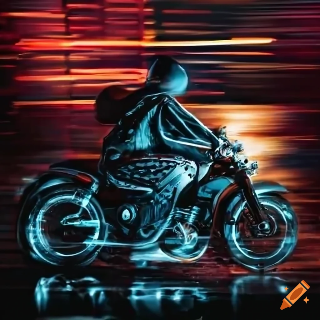 Neon lights bikers on a rainy night on Craiyon