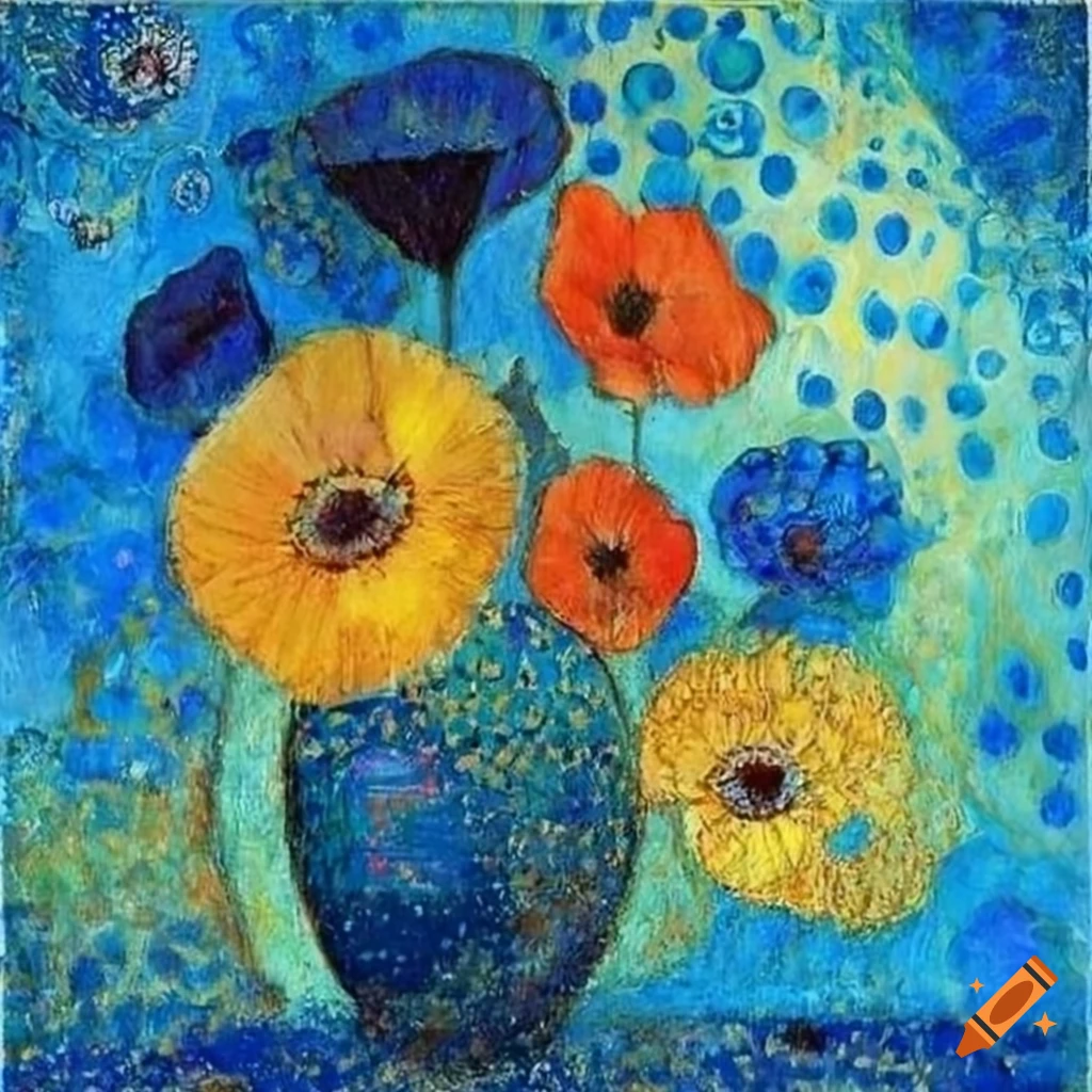 Graphic abstract art in blue with poppies on Craiyon