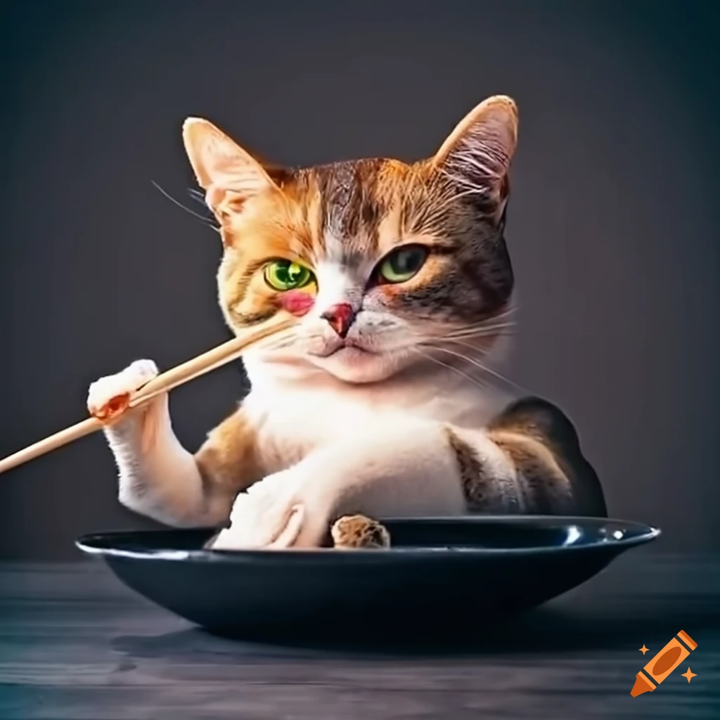 Japanese cat eating noodles with chopsticks on Craiyon