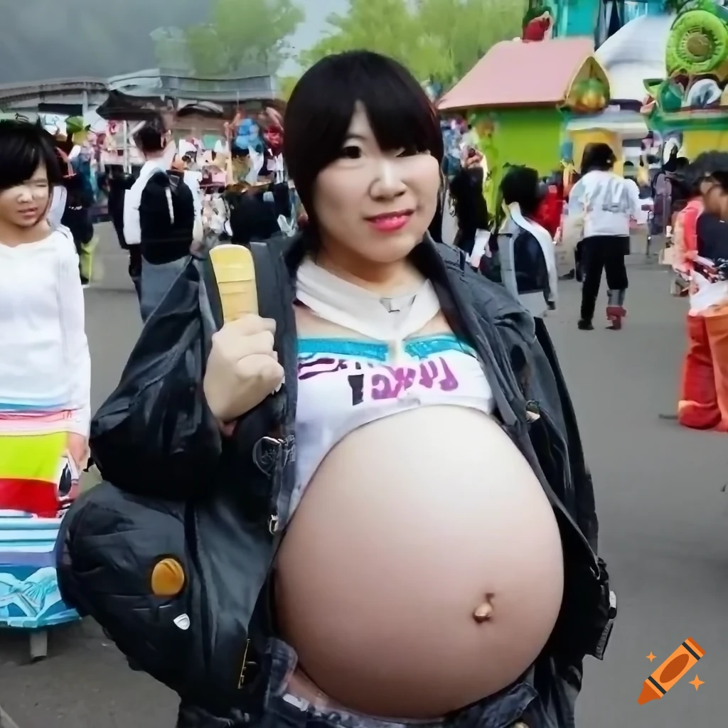 Photo of a heavily pregnant Japanese woman in a punk jacket at a theme park on Craiyon