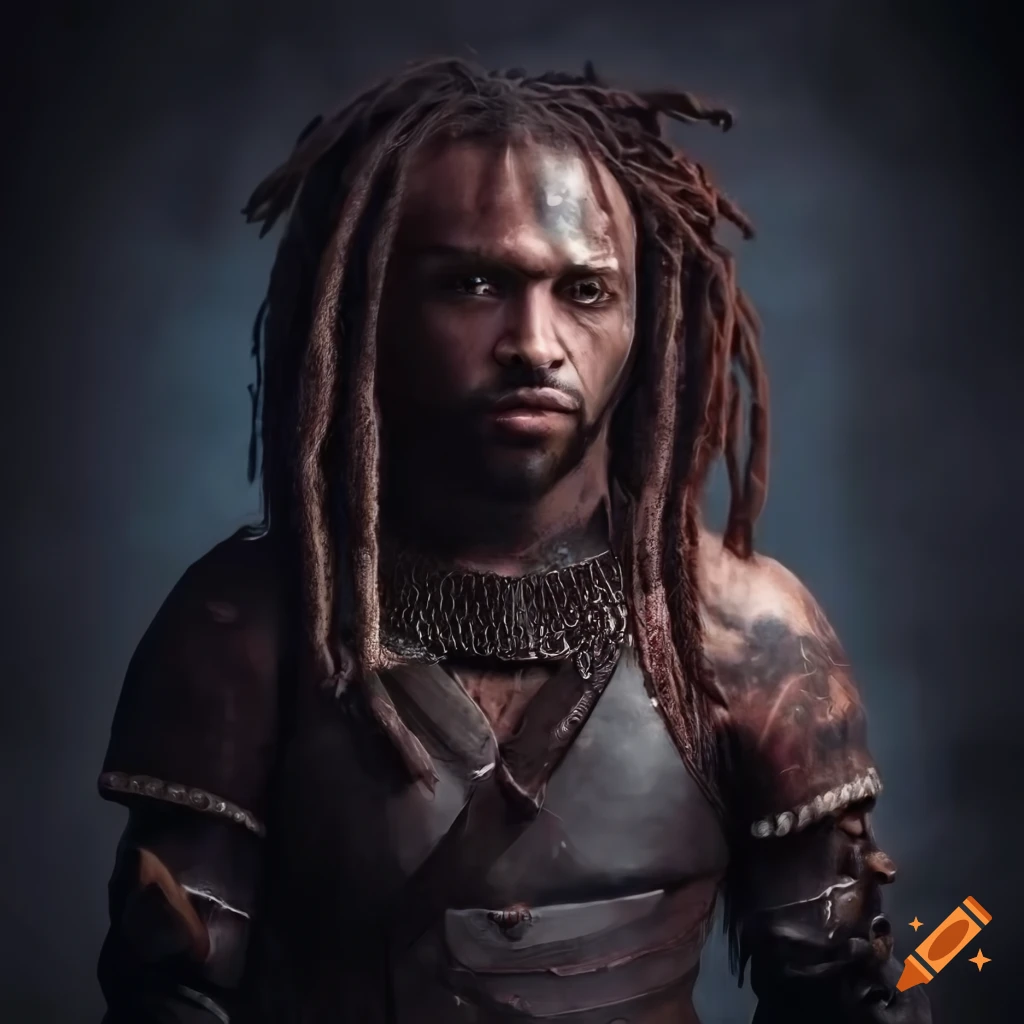 Portrait of a man with dark dreadlocks in medieval attire on Craiyon