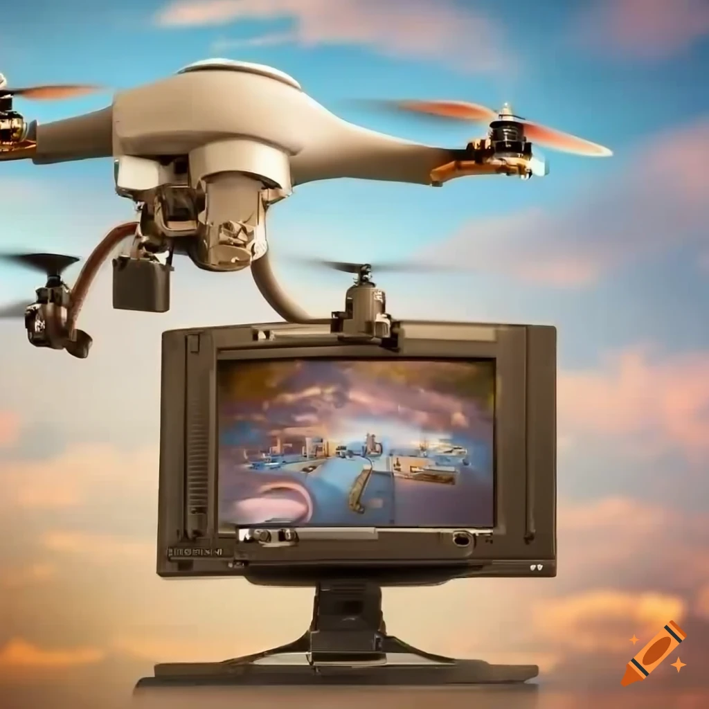Steampunk computer monitor displaying flying drone on Craiyon