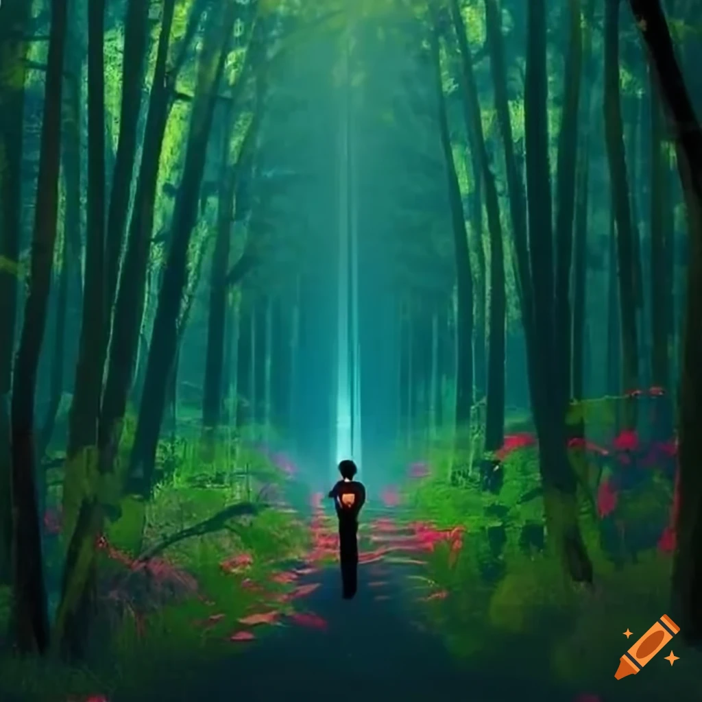 Artwork of a sacred path in a dense forest with psychedelic sky on Craiyon