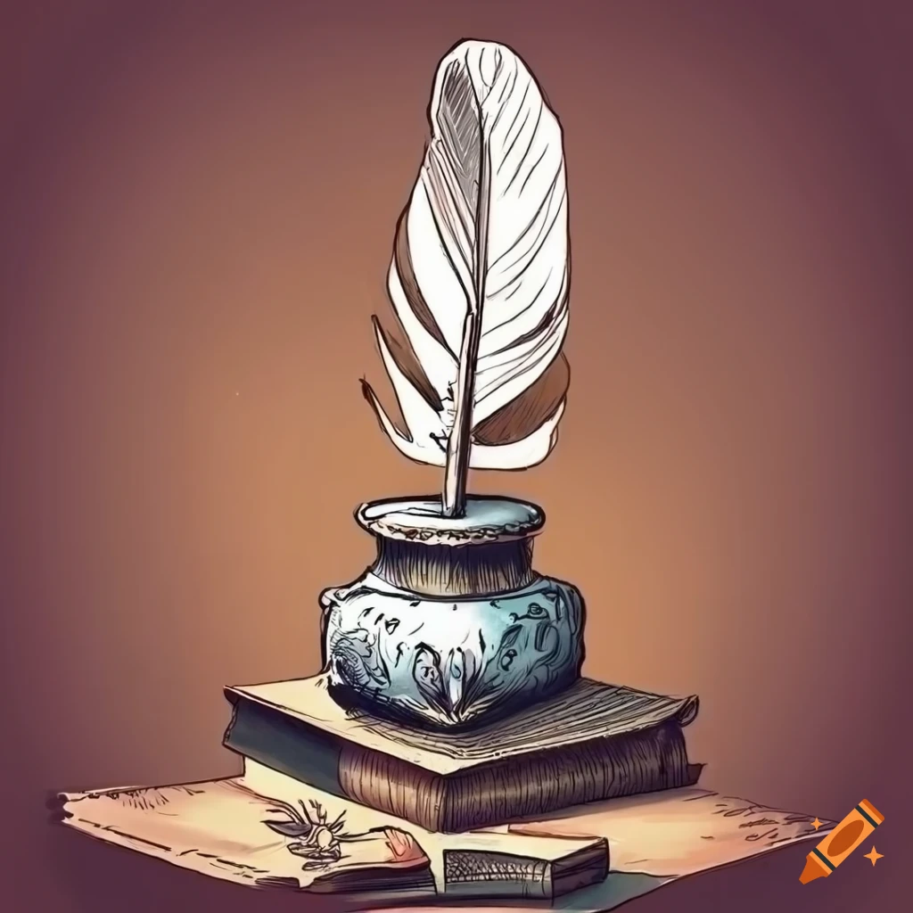 Evocative illustration of a vintage quill pen and inkwell on Craiyon