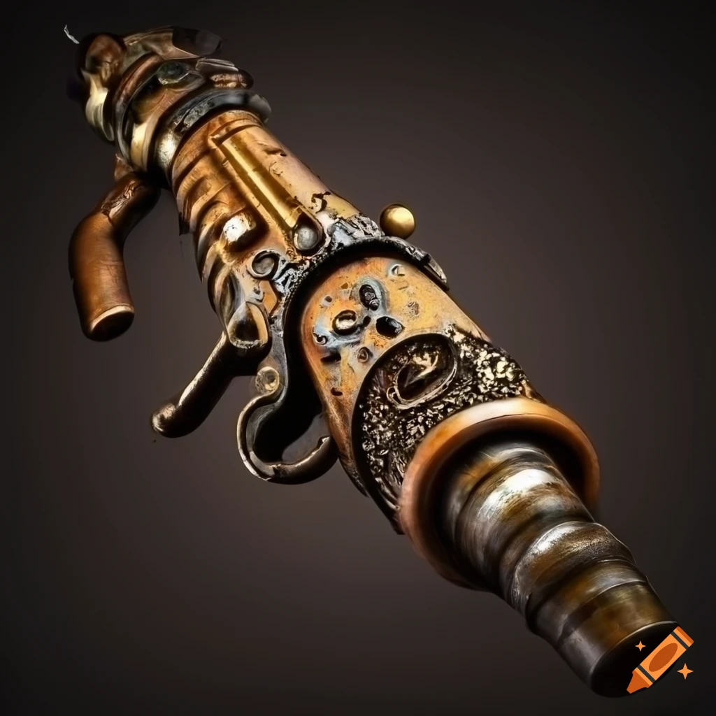Close-up of a steampunk acid gun shooting projectiles on Craiyon