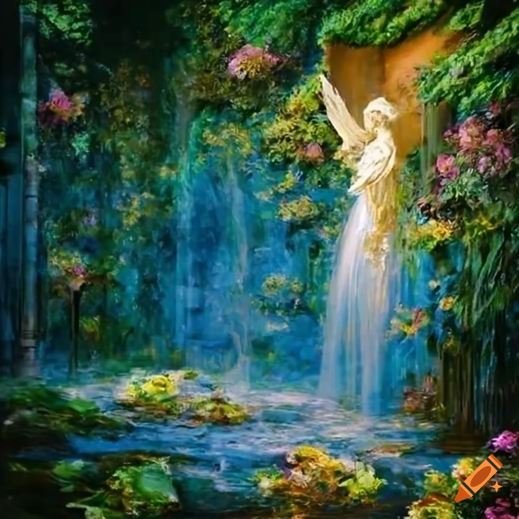 Victorian garden painting with angel statues and waterfall on Craiyon