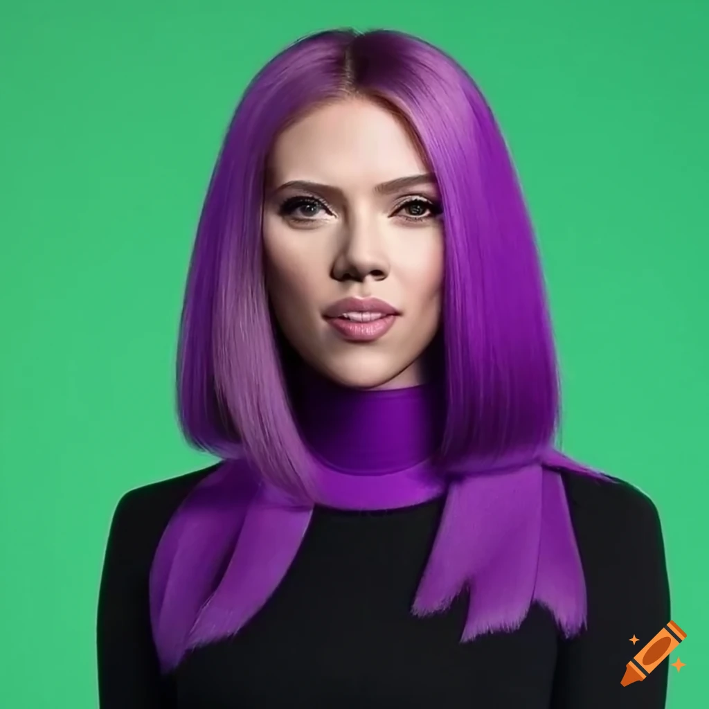Scarlett Johansson with a bob haircut and violet turtleneck on Craiyon