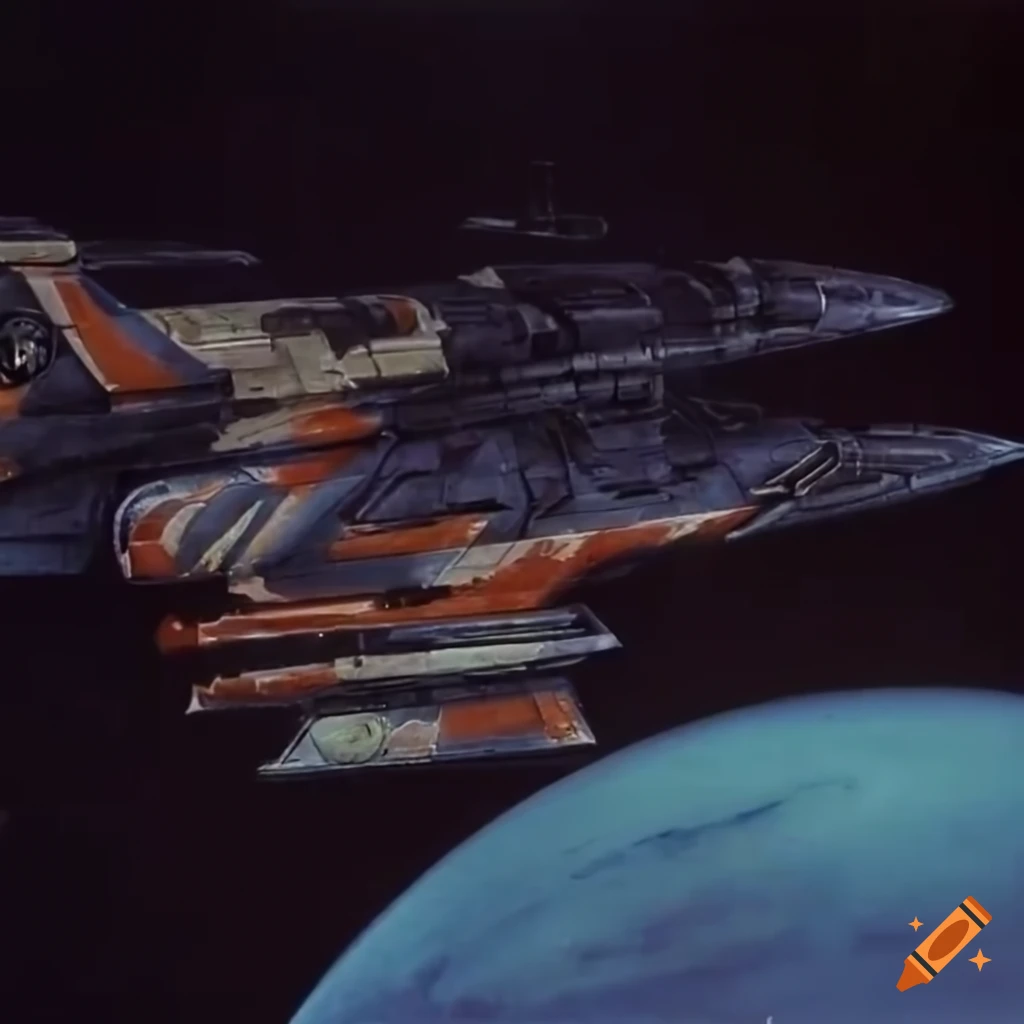 Sci-fi fantasy film spacecraft with gatling laser guns on Craiyon