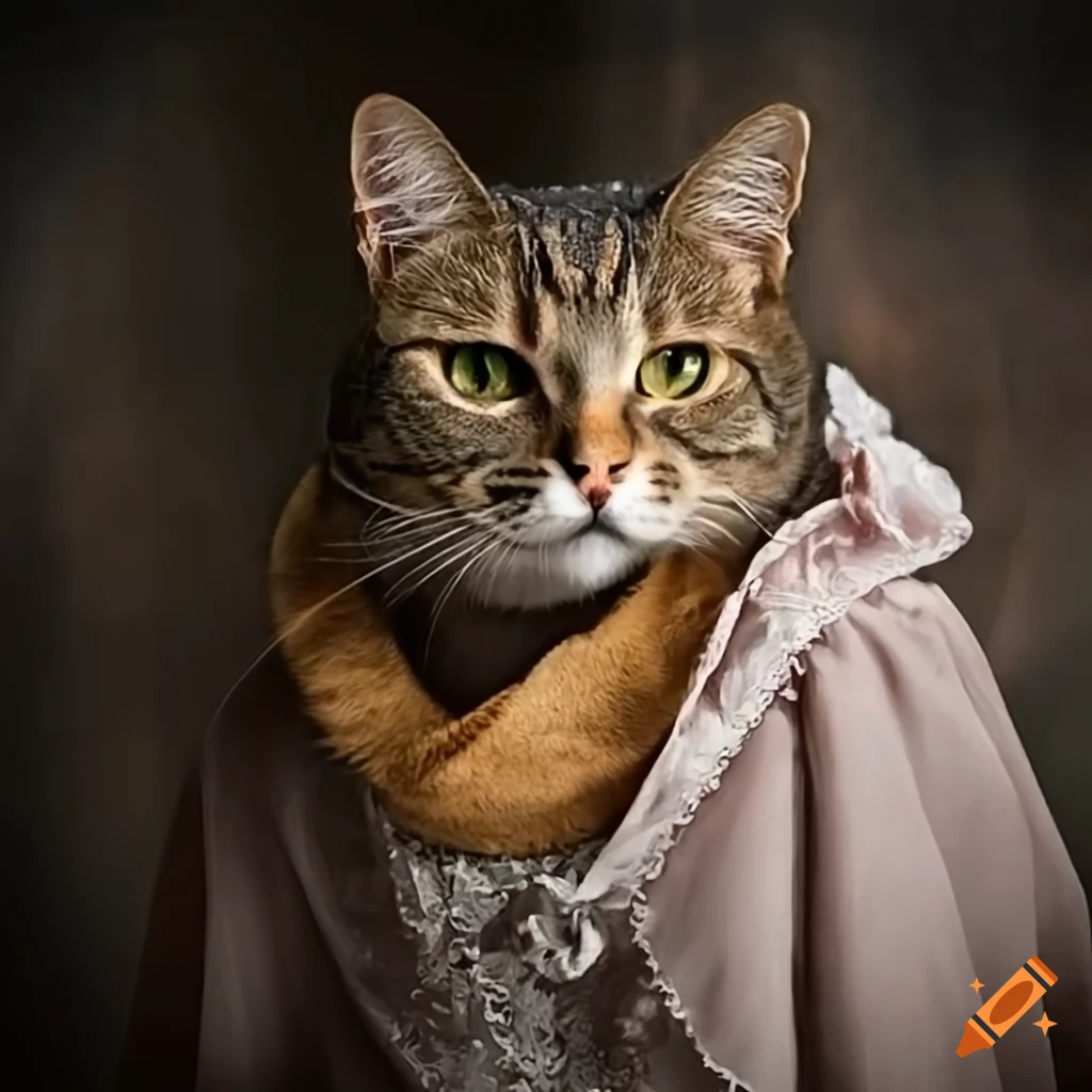 Tabby cat in a victorian dress on Craiyon