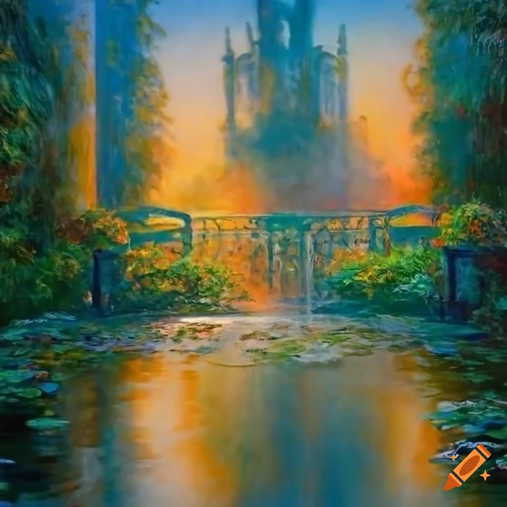 Monet's Victorian garden with gold angel statues and a pond on Craiyon