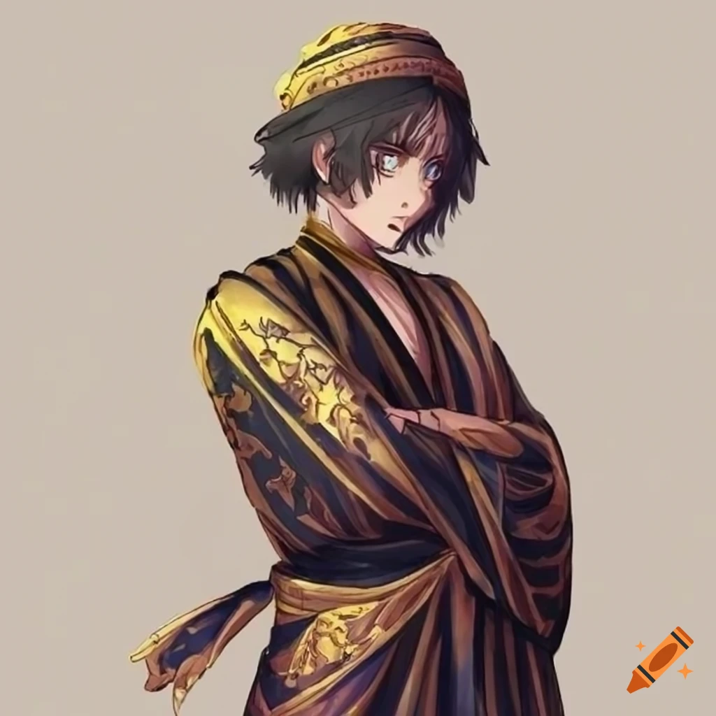 Anime-style depiction of a young arabic merchant in a gilded black robe ...