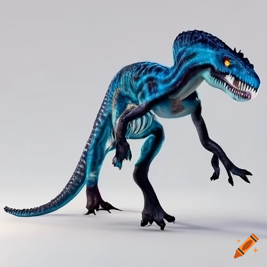 Illustration of a four-armed alien dinosaur with blue stripes