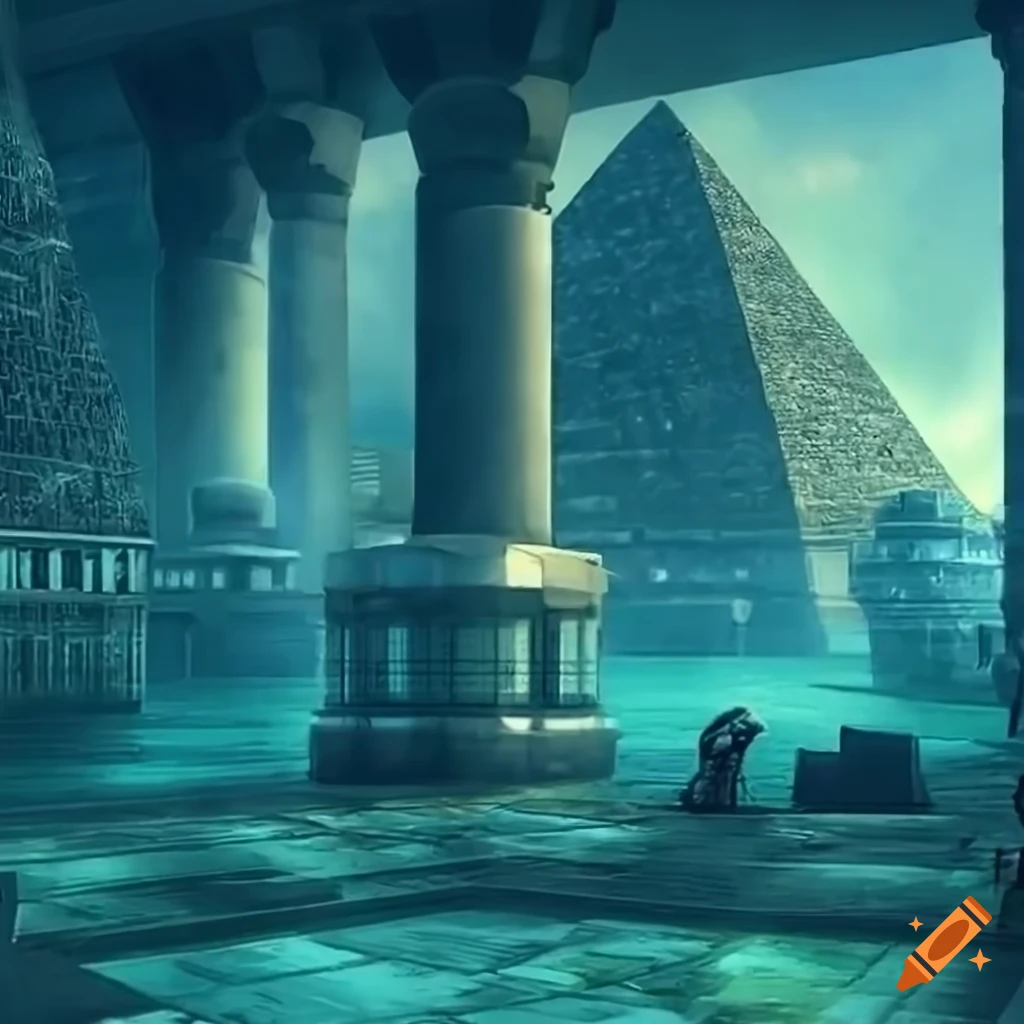 Underwater ancient Egyptian cityscape with marine life on Craiyon