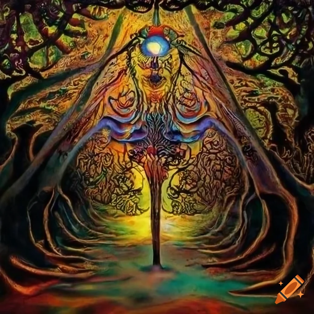 Illustrative art of people walking in a sacred path surrounded by ...