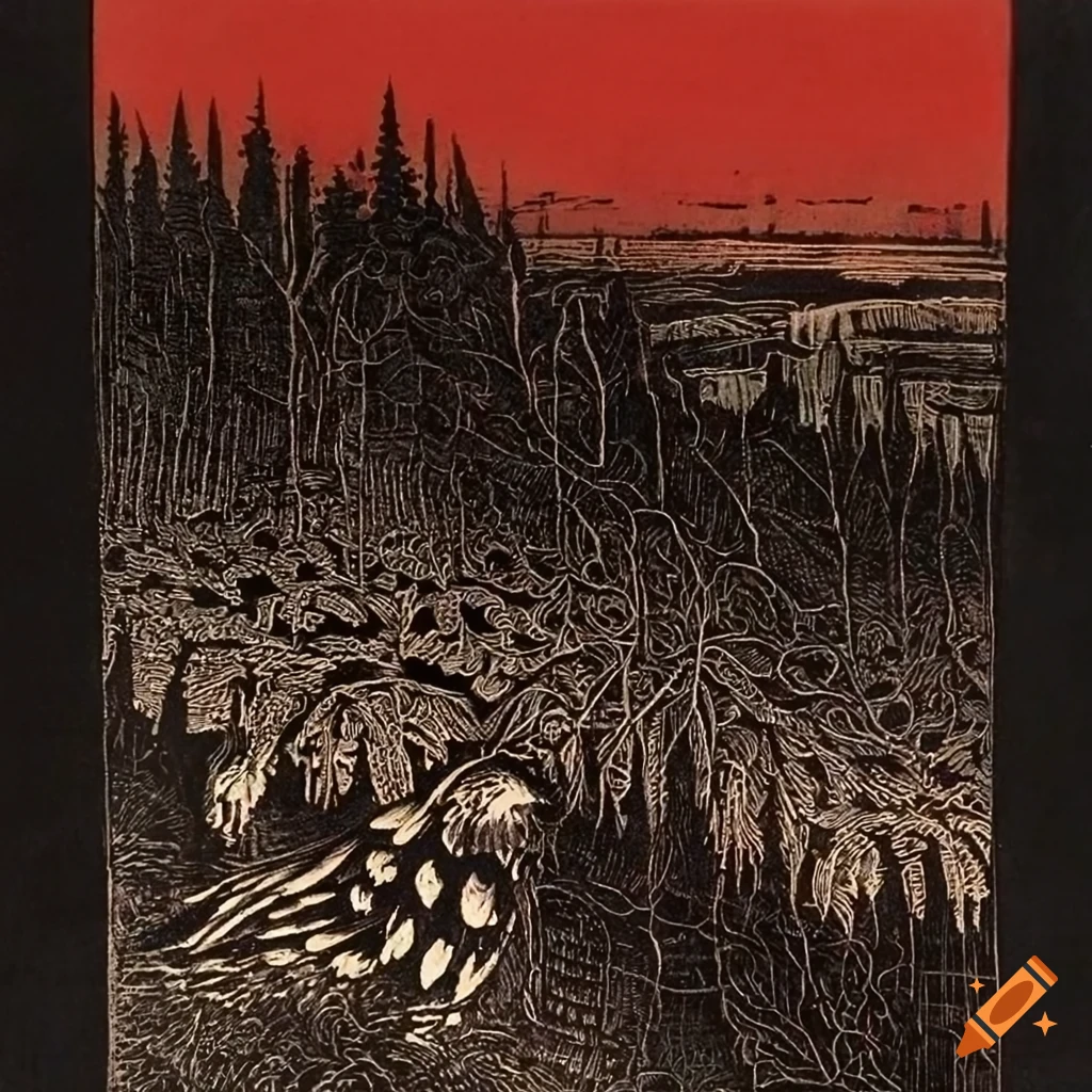 Woodcut print of The Demons of Eden on Craiyon