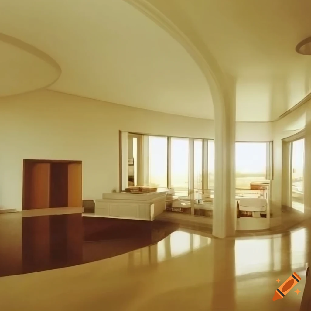 Golden hour interior of a modernist hotel lobby on Craiyon