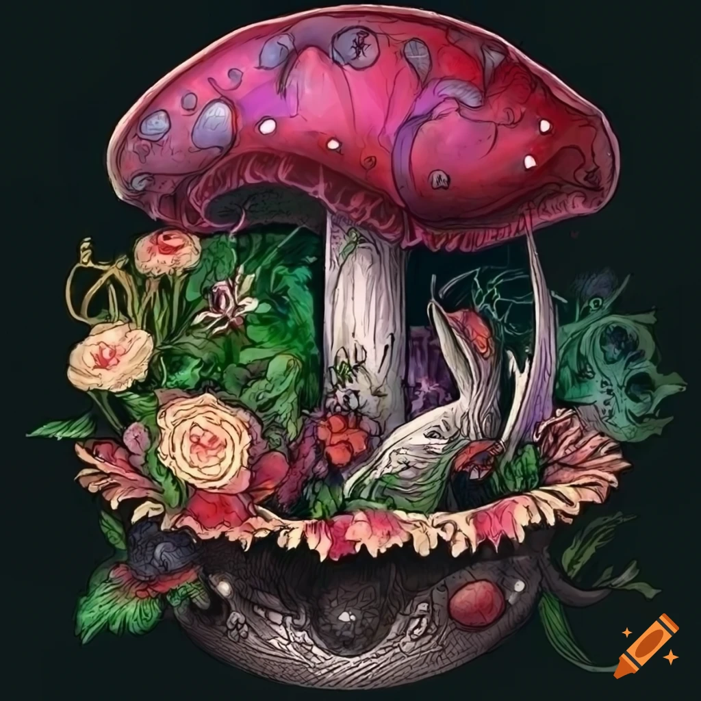 Floral gothic drawing with mushrooms and fairies on Craiyon