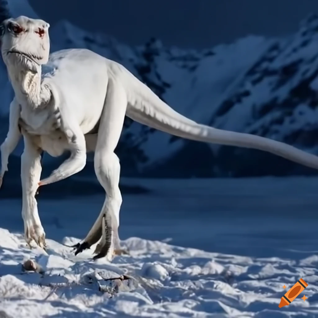 White indoraptor in front of a snowy mountain on Craiyon