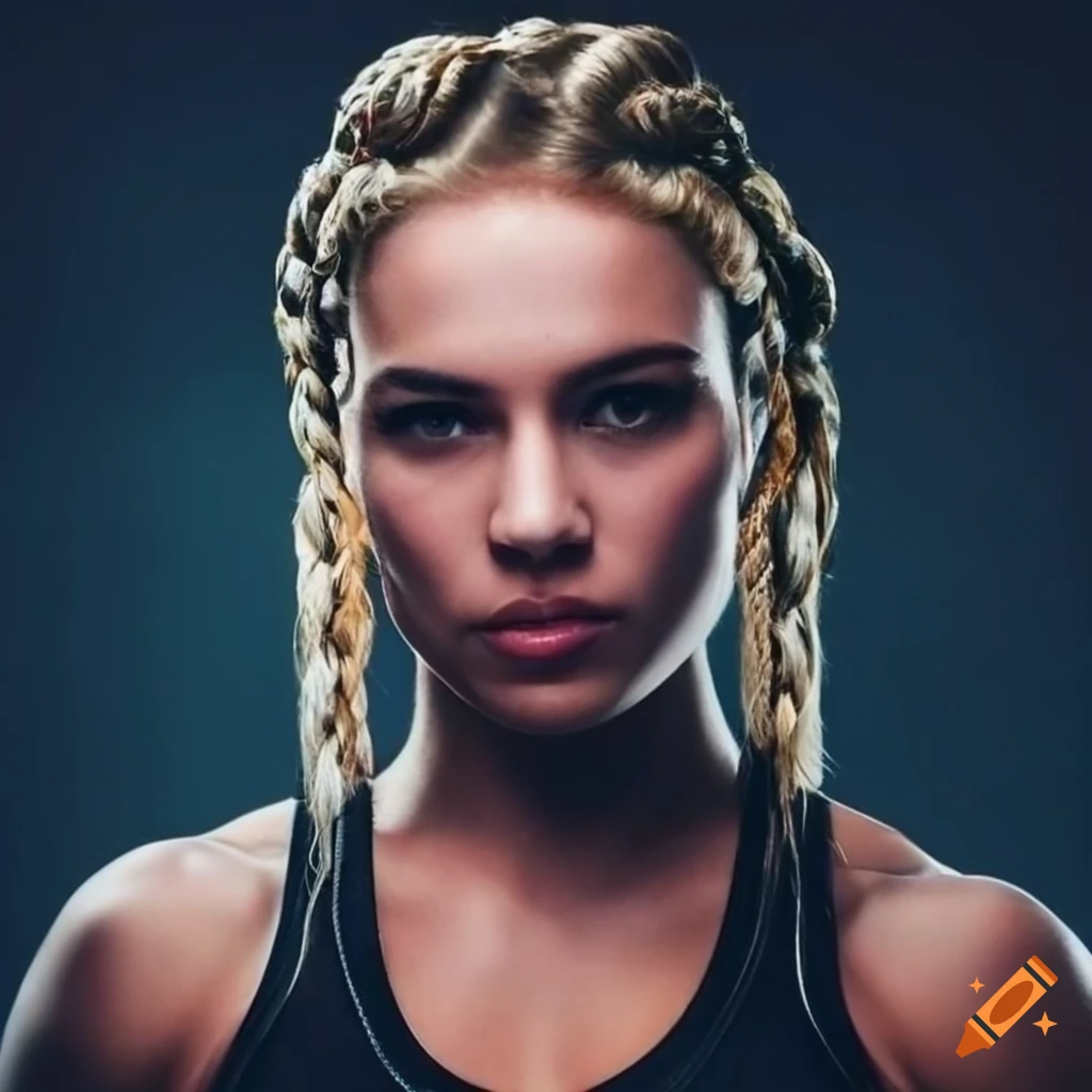 Determined female mma fighter with blonde braids on Craiyon