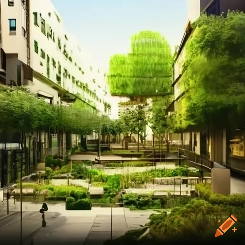 Imagen de un entorno urbano sostenible con arquitectura orgánica y áreas verdes on Craiyon