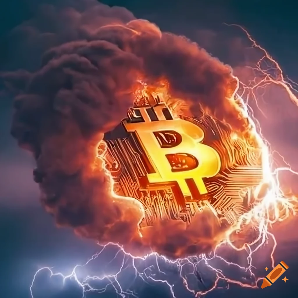 Image of exploding bitcoin in a thunderstorm on Craiyon
