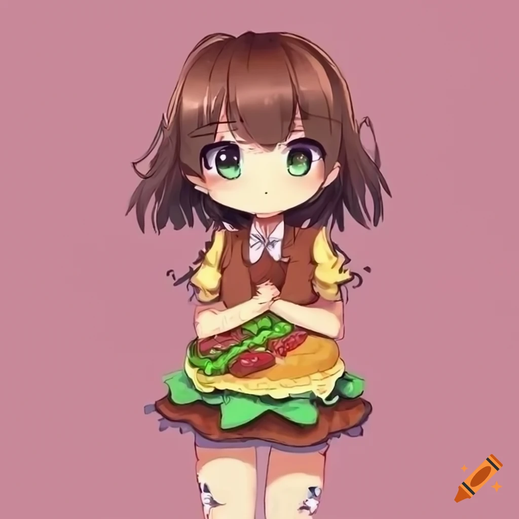 Cute anime chibi character with a hamburger on Craiyon