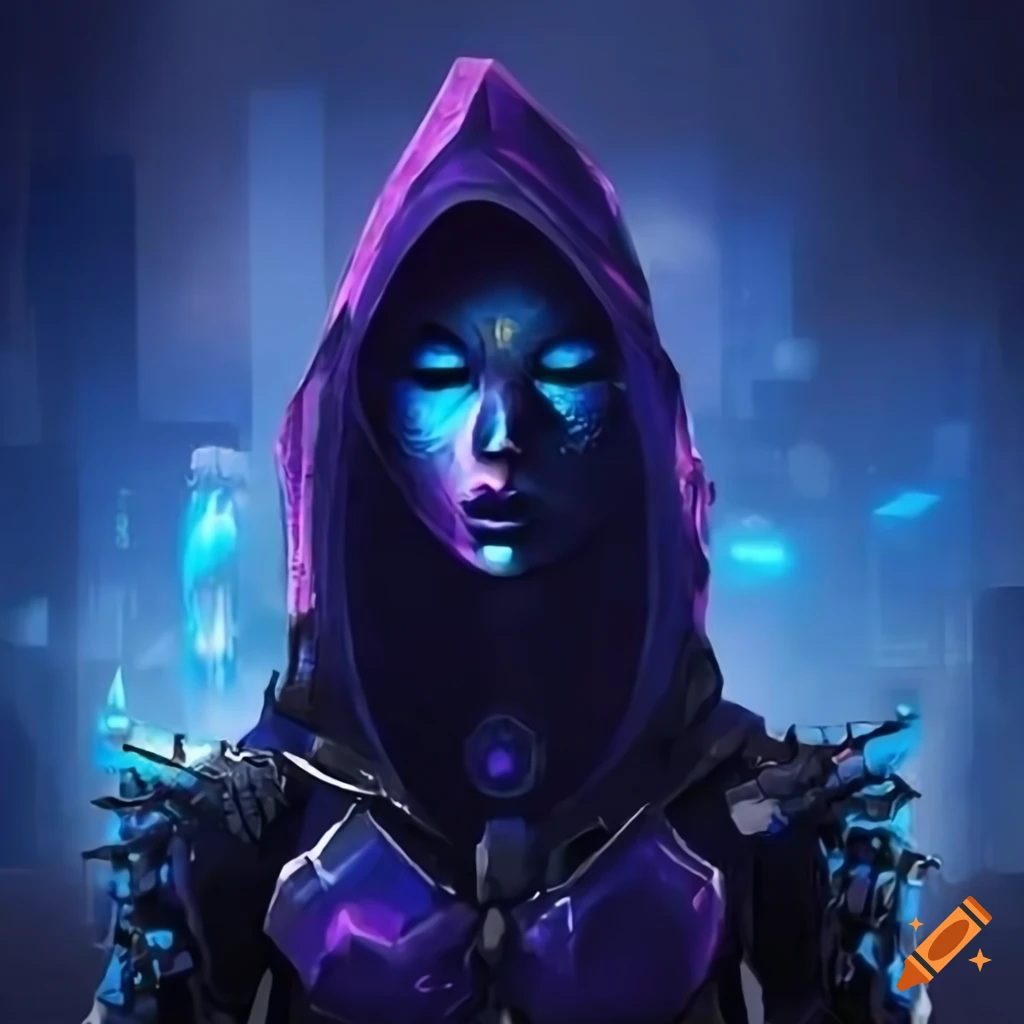 Cyberpunk robot witch with blue crystal armor on Craiyon