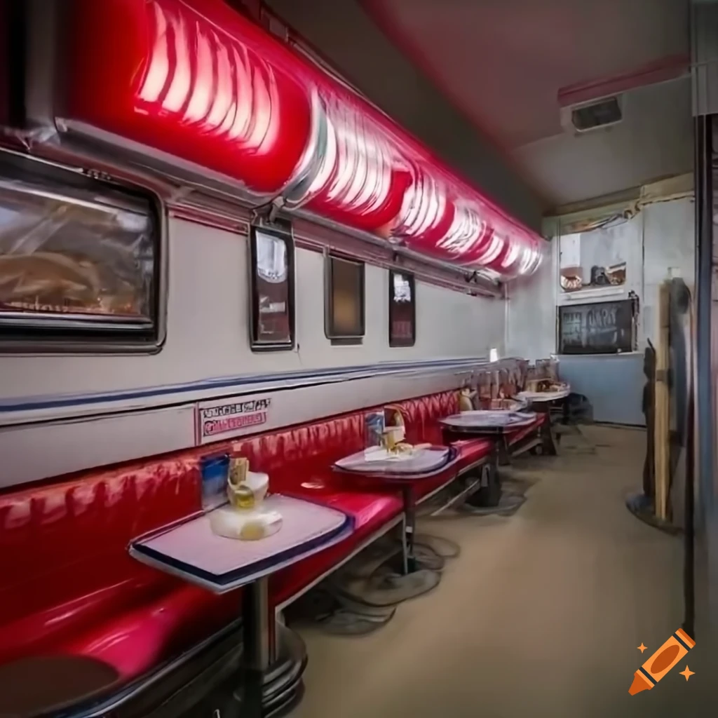 Eerie night photograph of a liminal diner interior on Craiyon