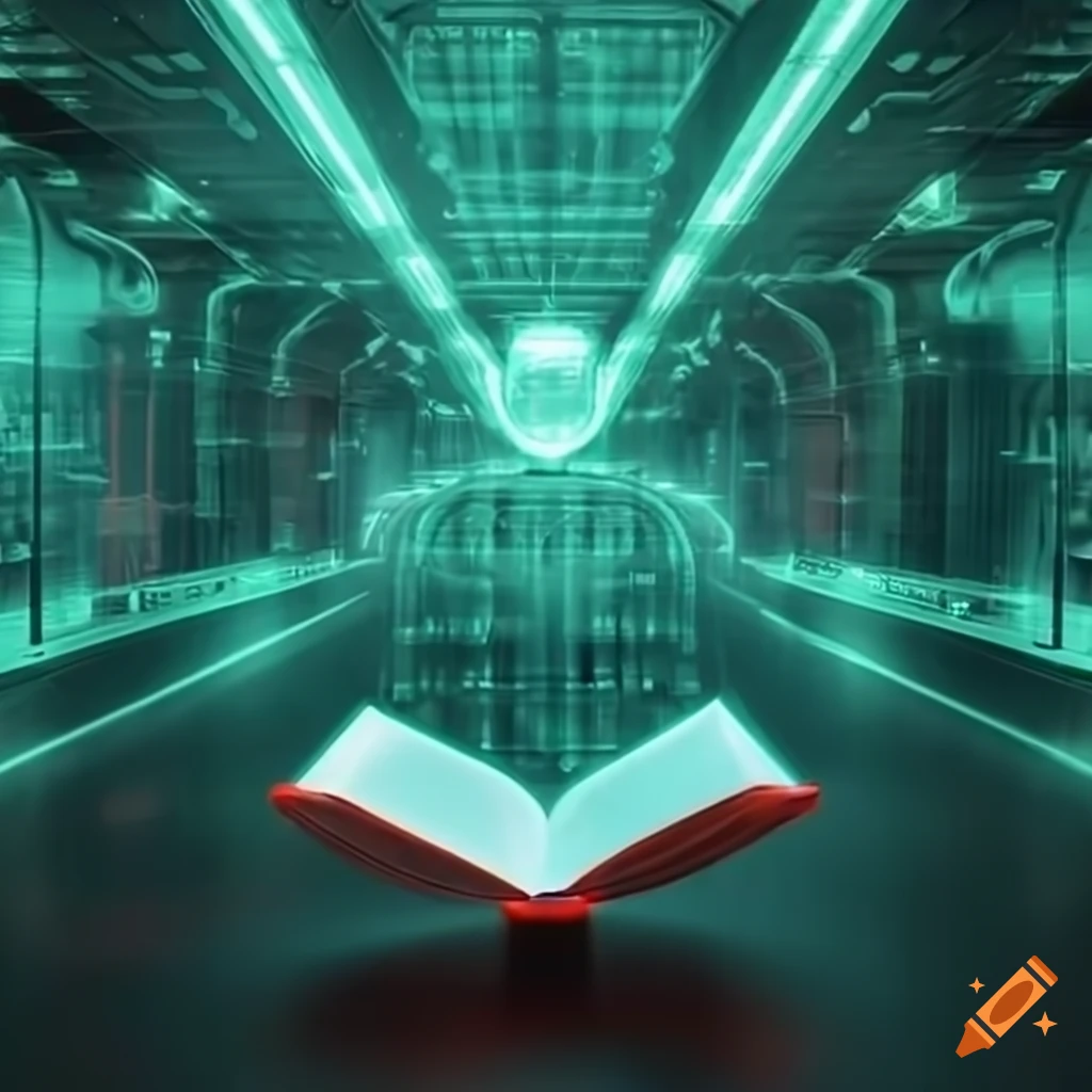 Futuristic holographic book in a green-lit sci-fi room on Craiyon