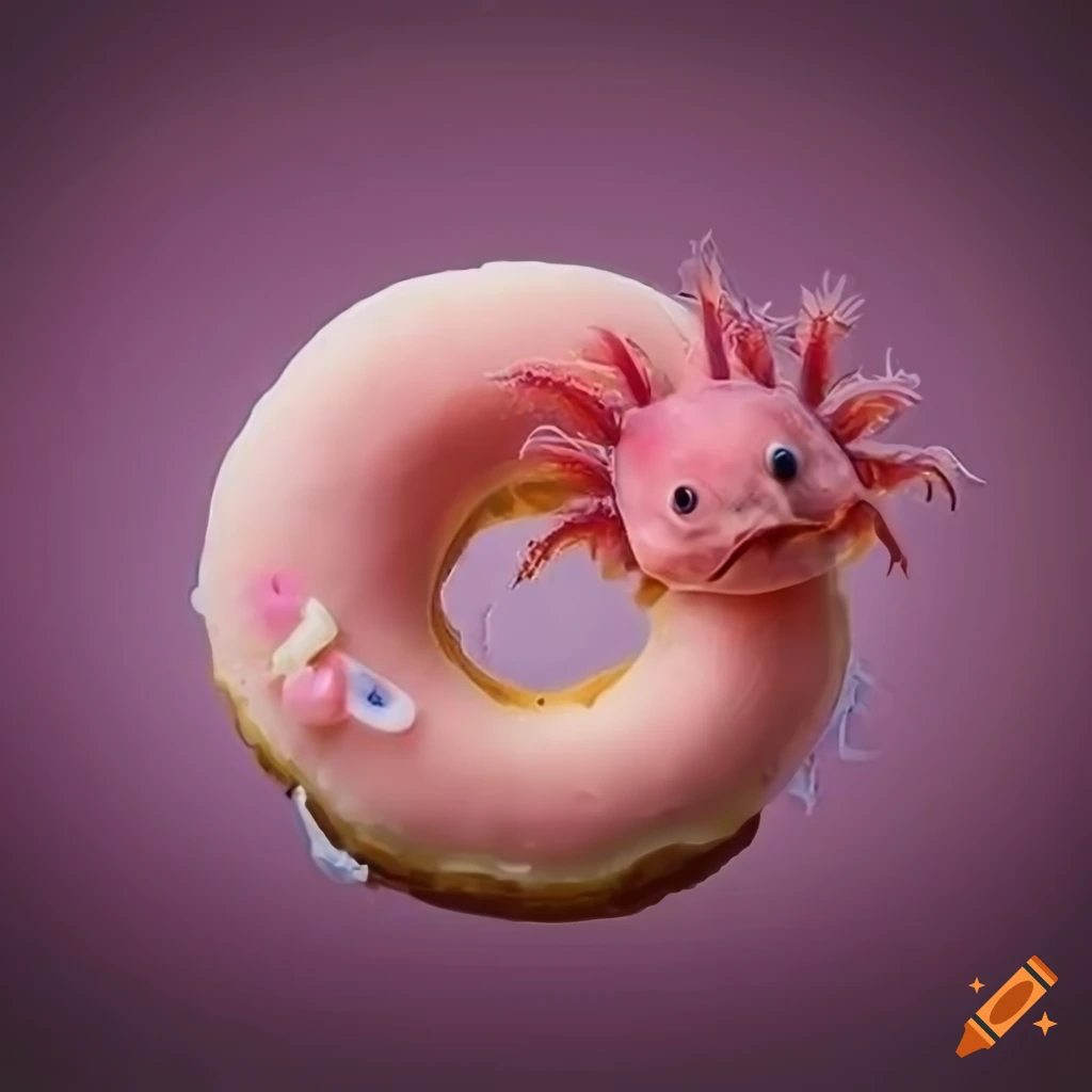 Crying axolotl transforming into a pink donut on Craiyon