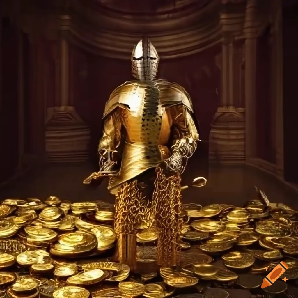 Golden suit of chainmail armor in a castle room on Craiyon