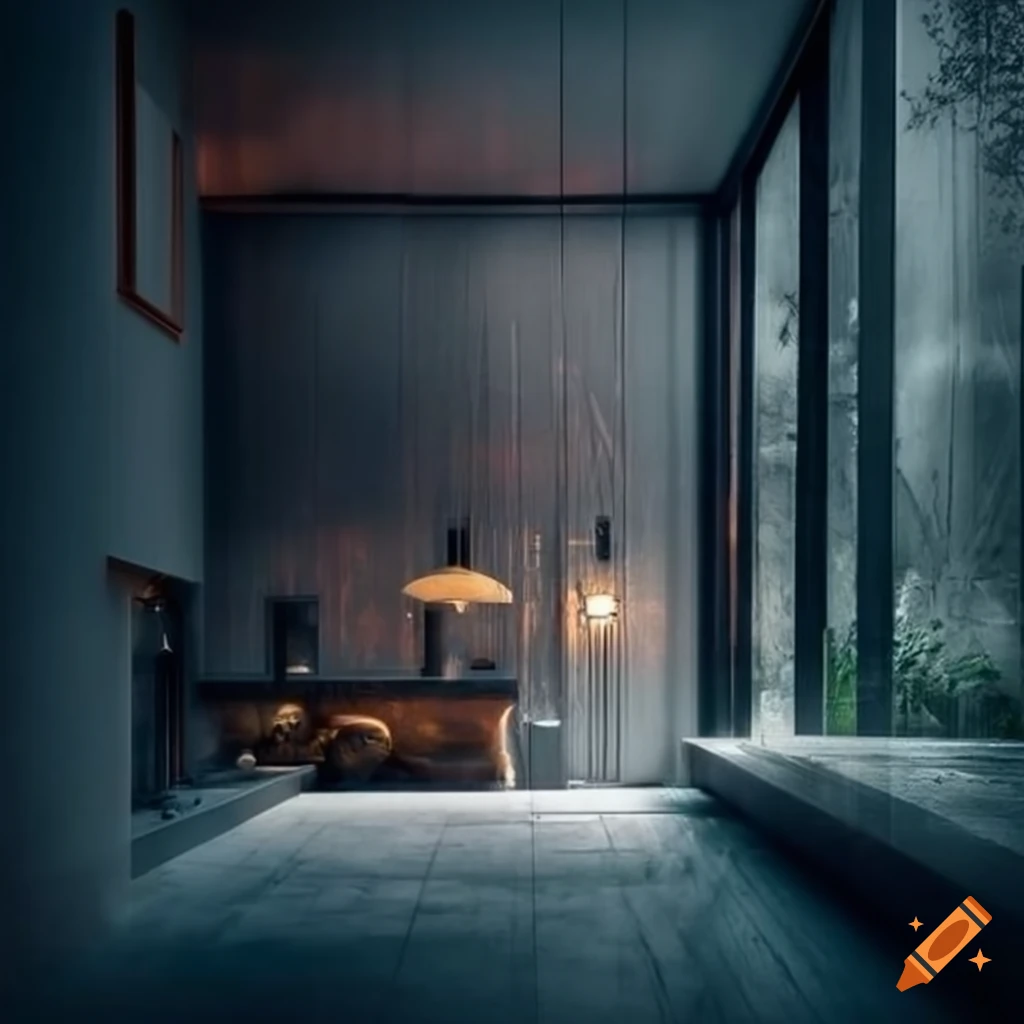 Luxurious dark interior house with warm lighting and big windows on Craiyon