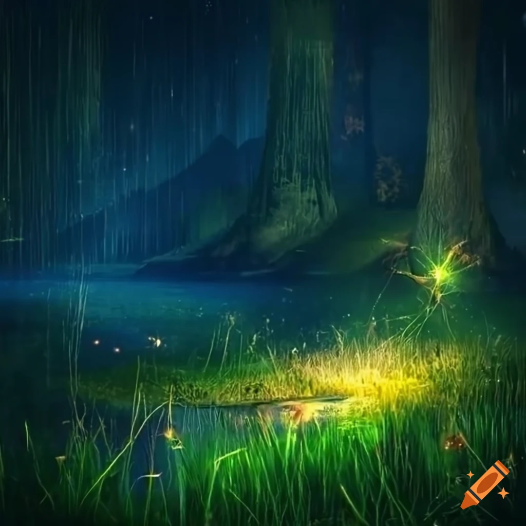 Photo of a magical lake surrounded by an enchanted forest at night on ...