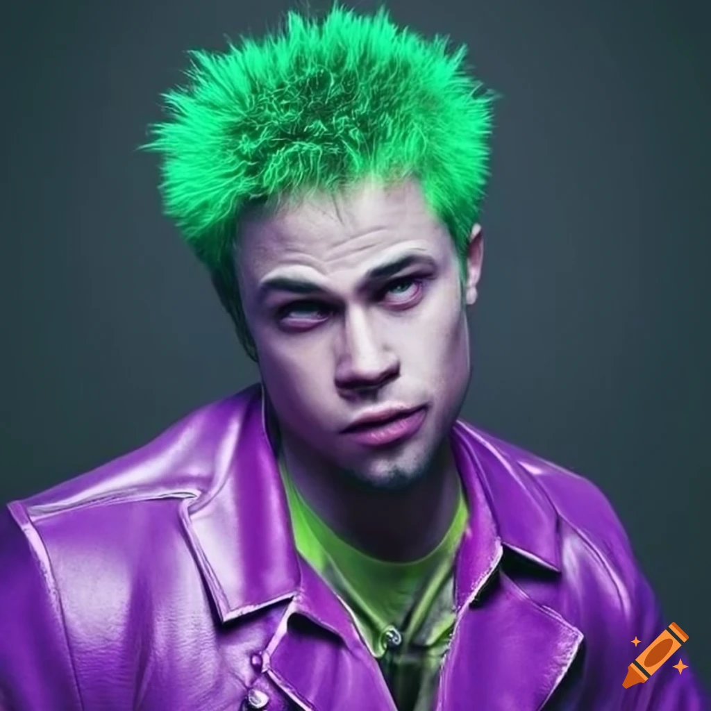 Monochrome portrait of Tyler Durden with neon purple leather jacket and ...