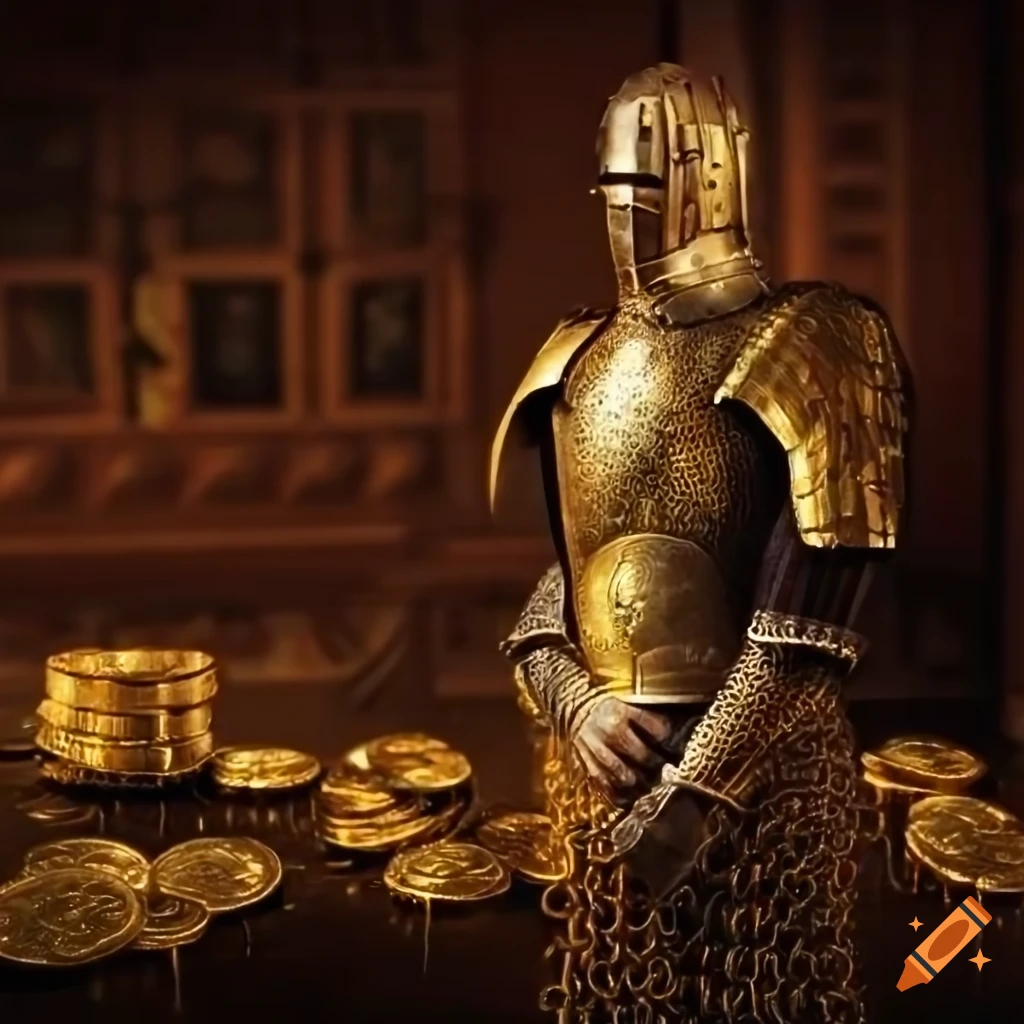Chainmail armor in a castle room surrounded by gold coins