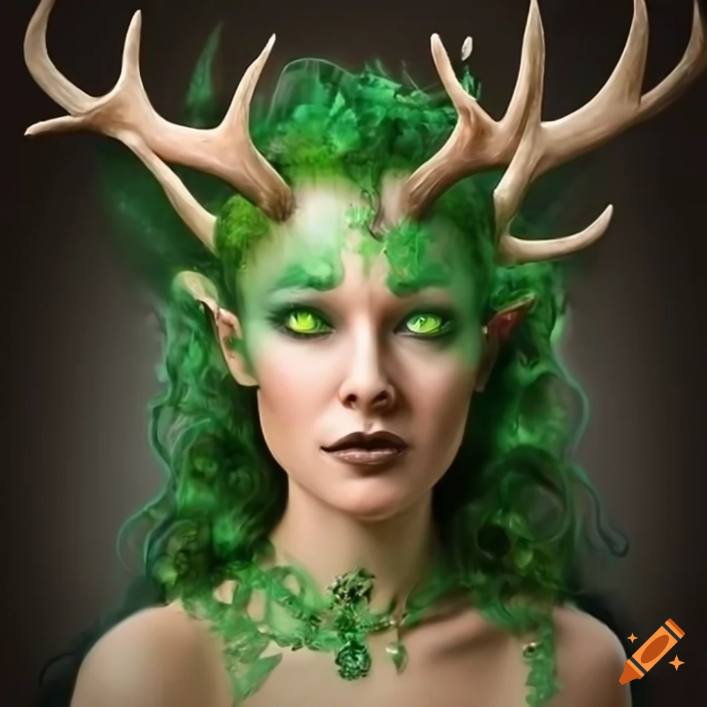 Artistic representation of a mythical nymph with antlers on Craiyon