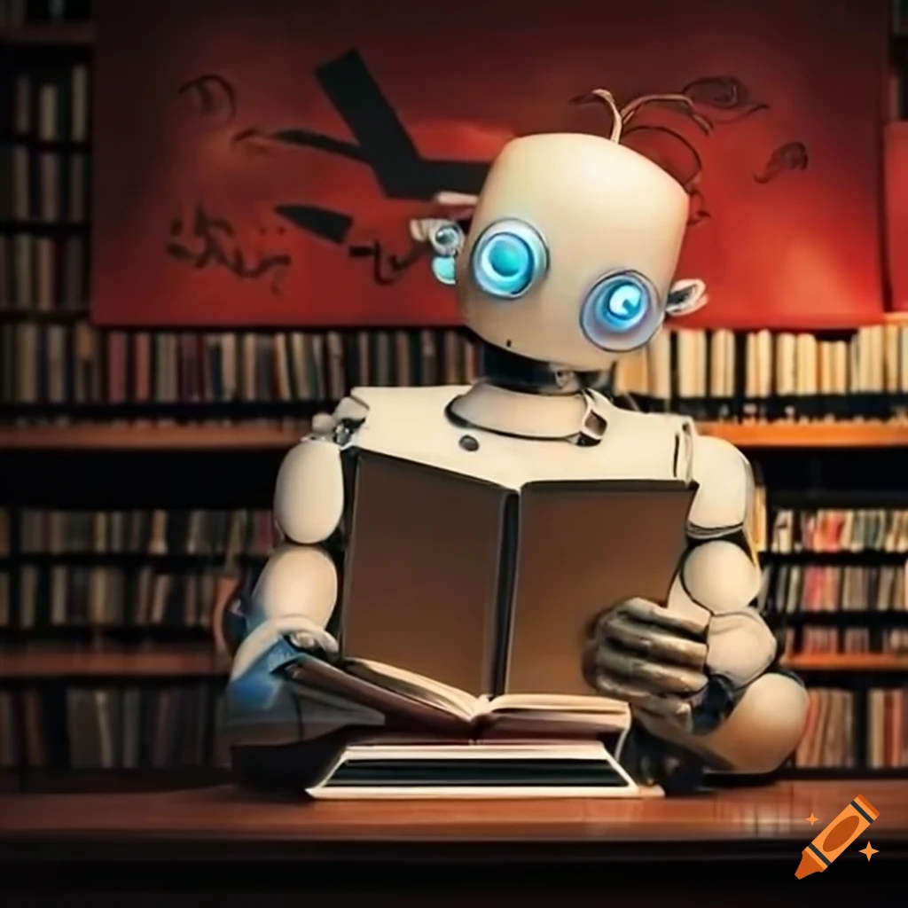 Robot reading a book in a library on Craiyon