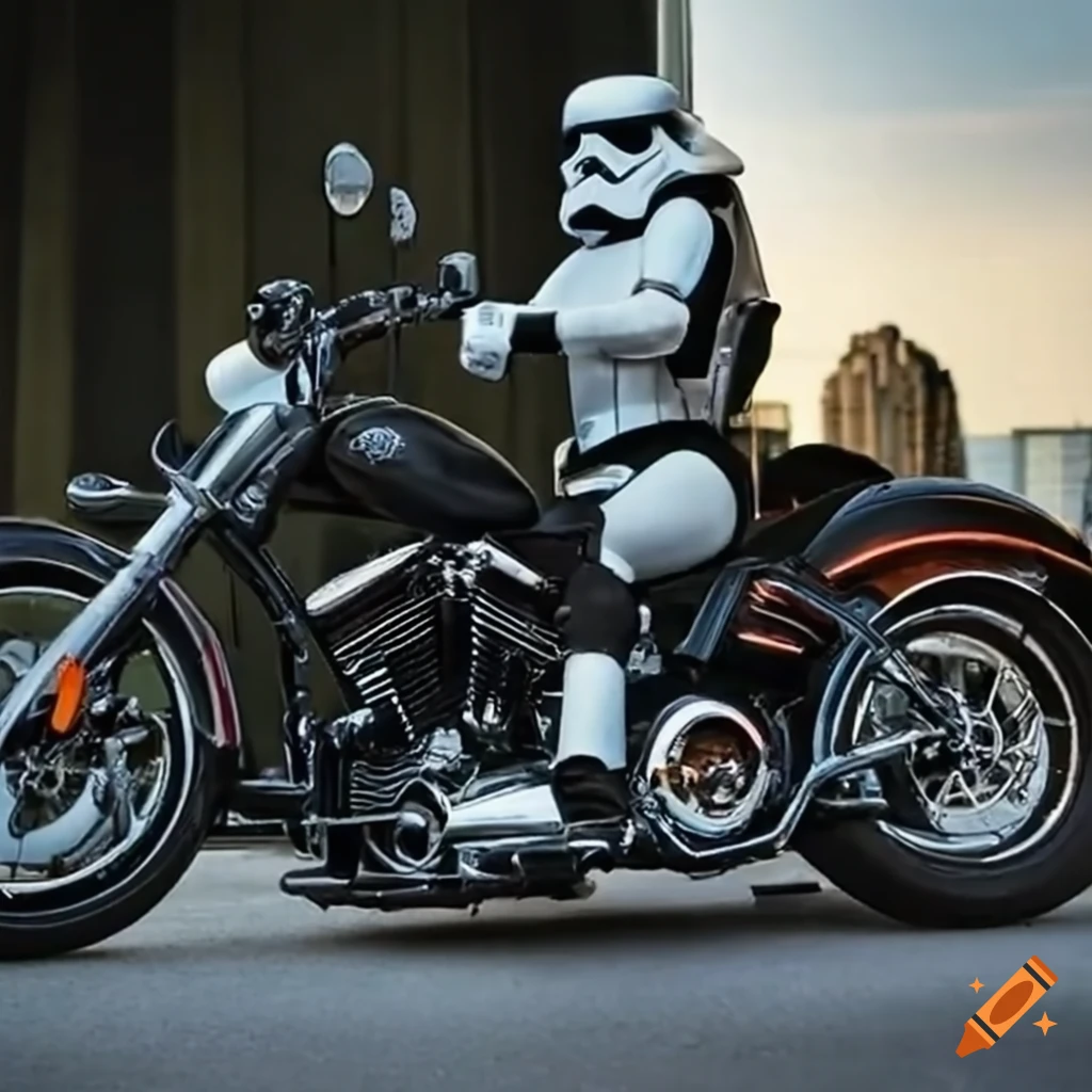 Stormtrooper riding a Harley Davidson motorcycle on Craiyon
