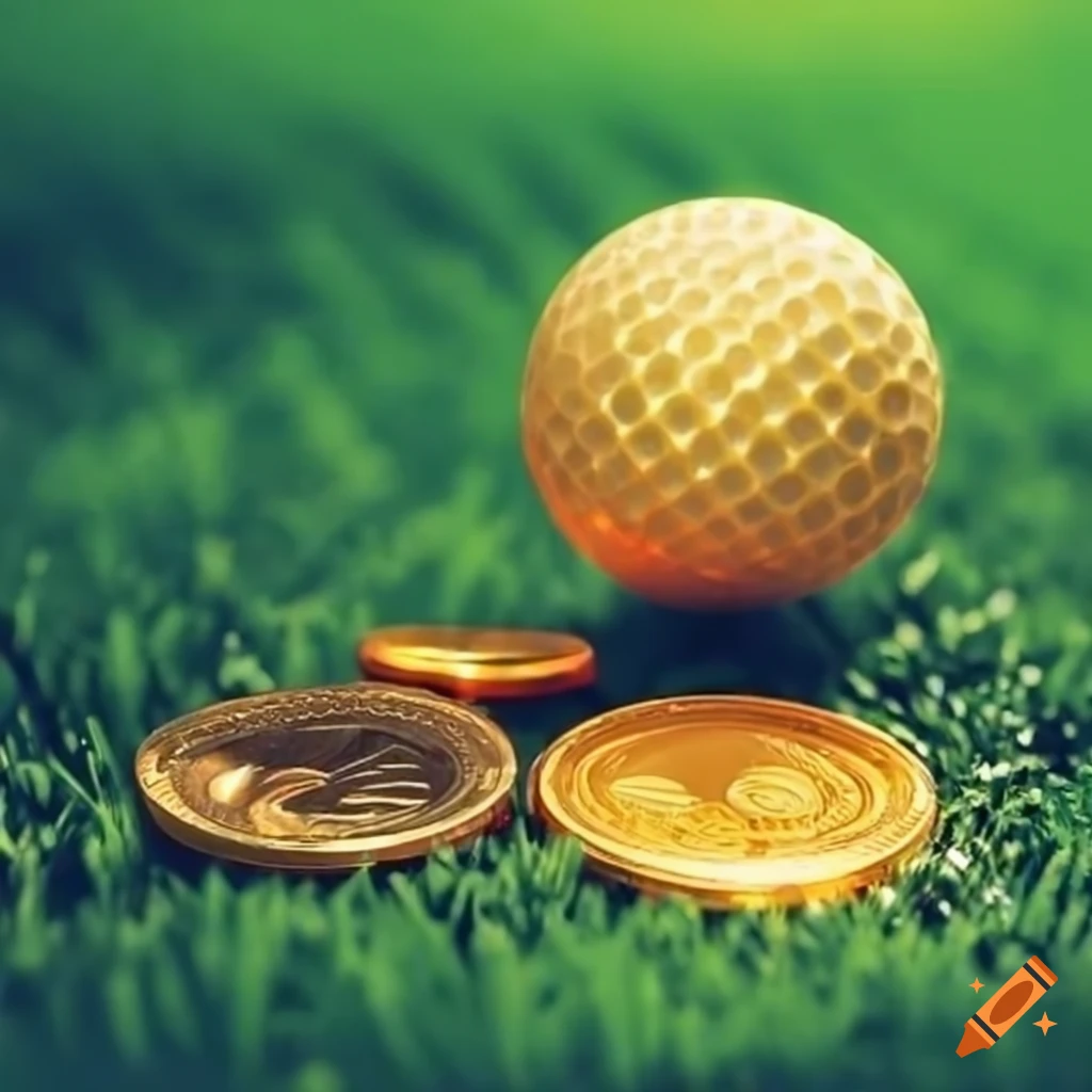 Golden coins and golf balls on green grass on Craiyon