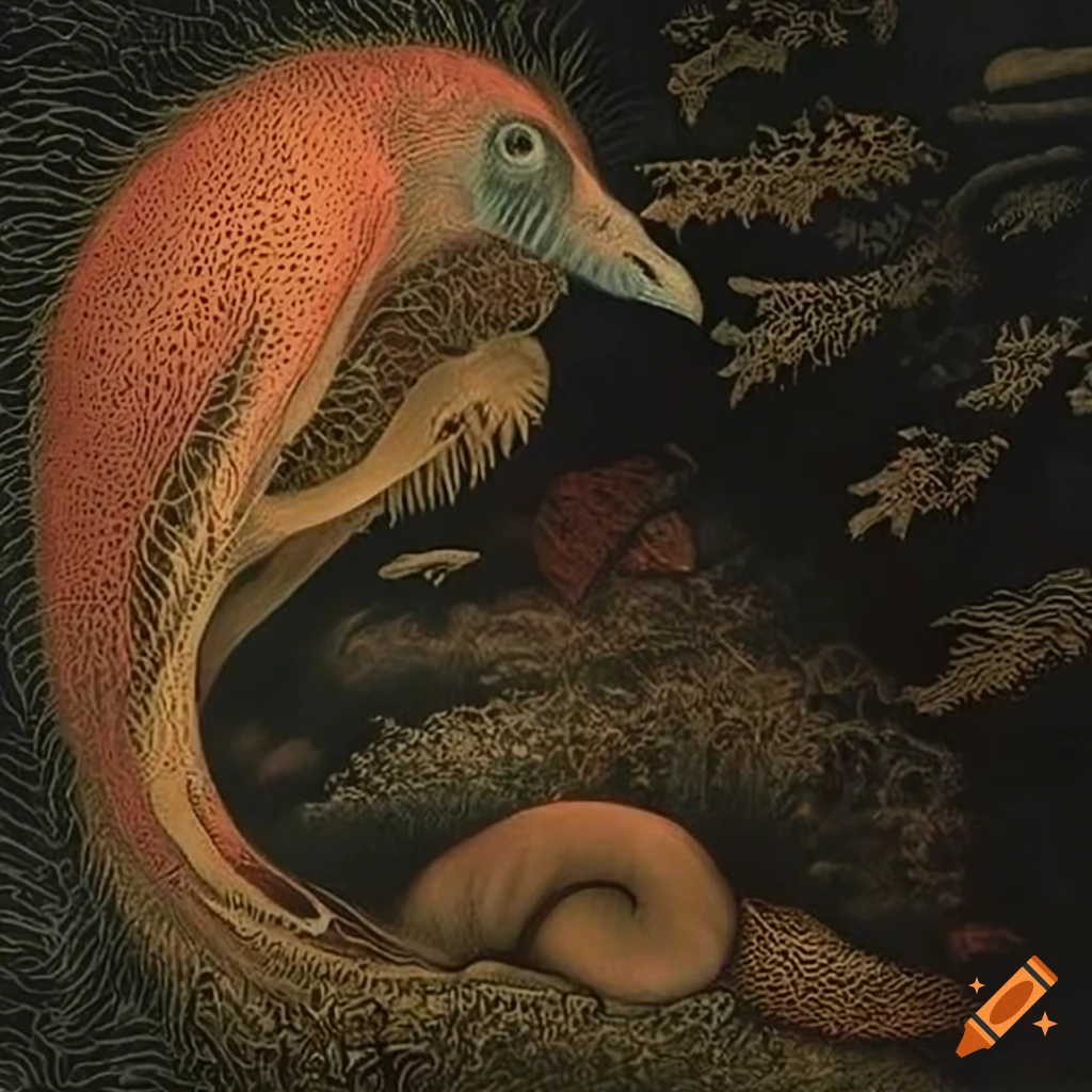 Color serigraph of native Salish motifs and fantasy creatures on Craiyon