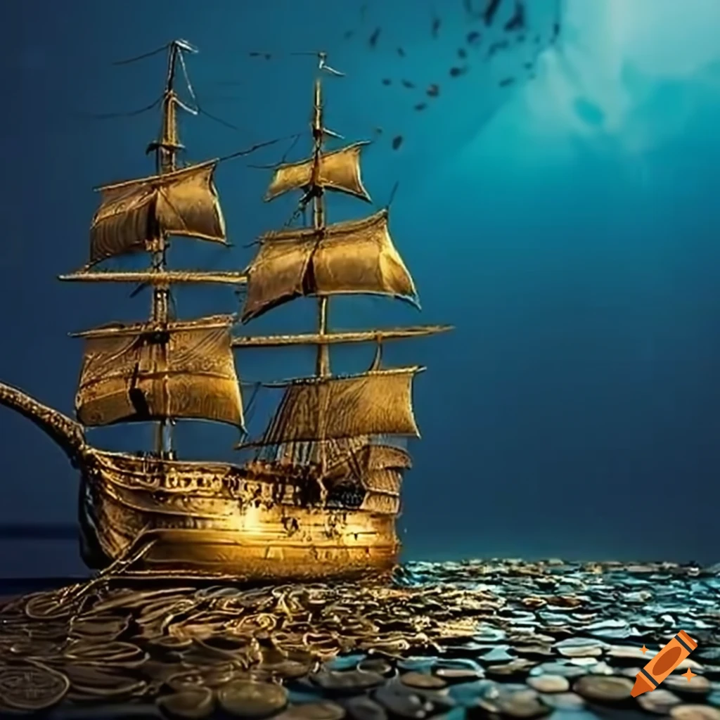 Golden pirate ship sailing through a sea of treasure coins