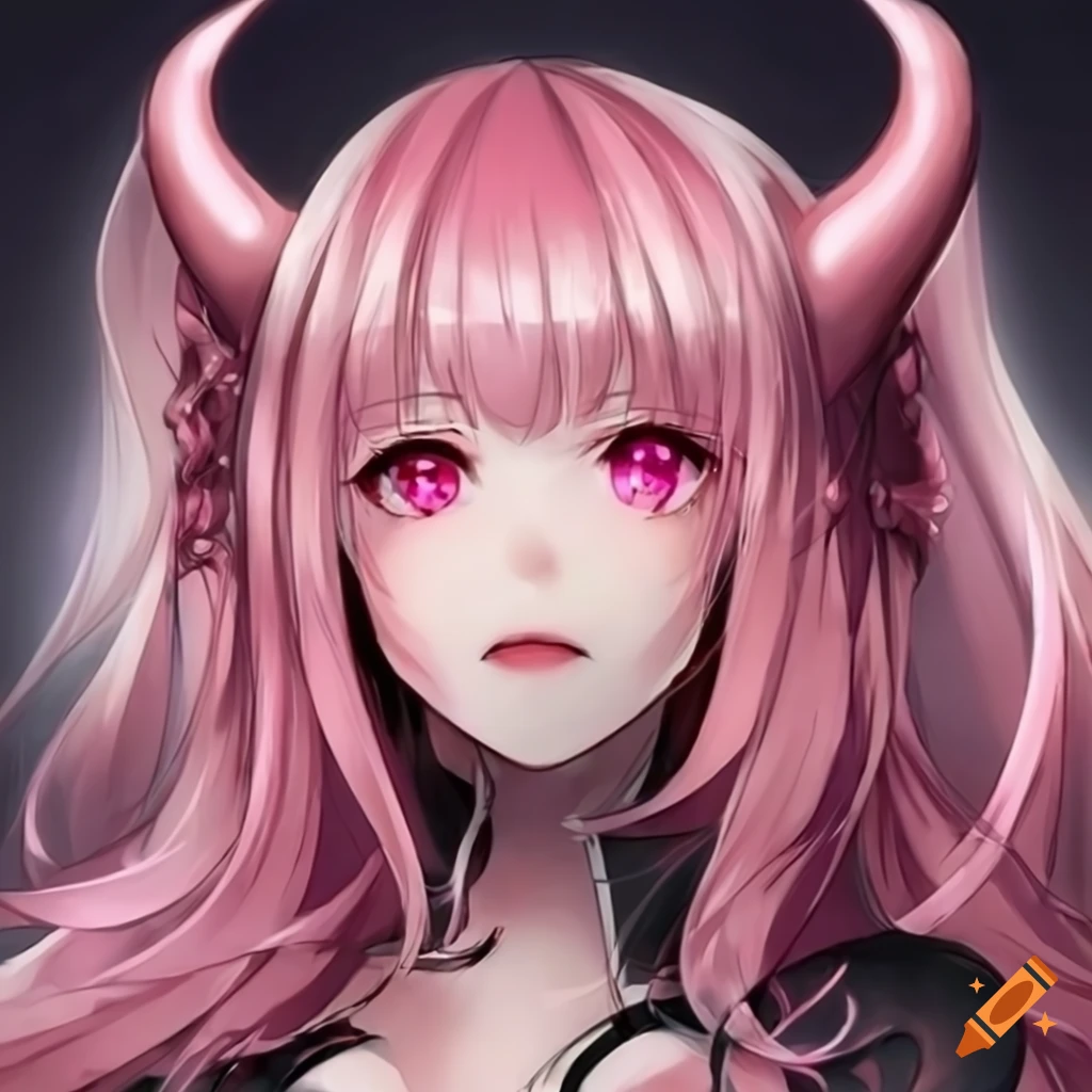 Digital art of a female demon with pink hair and horns on Craiyon
