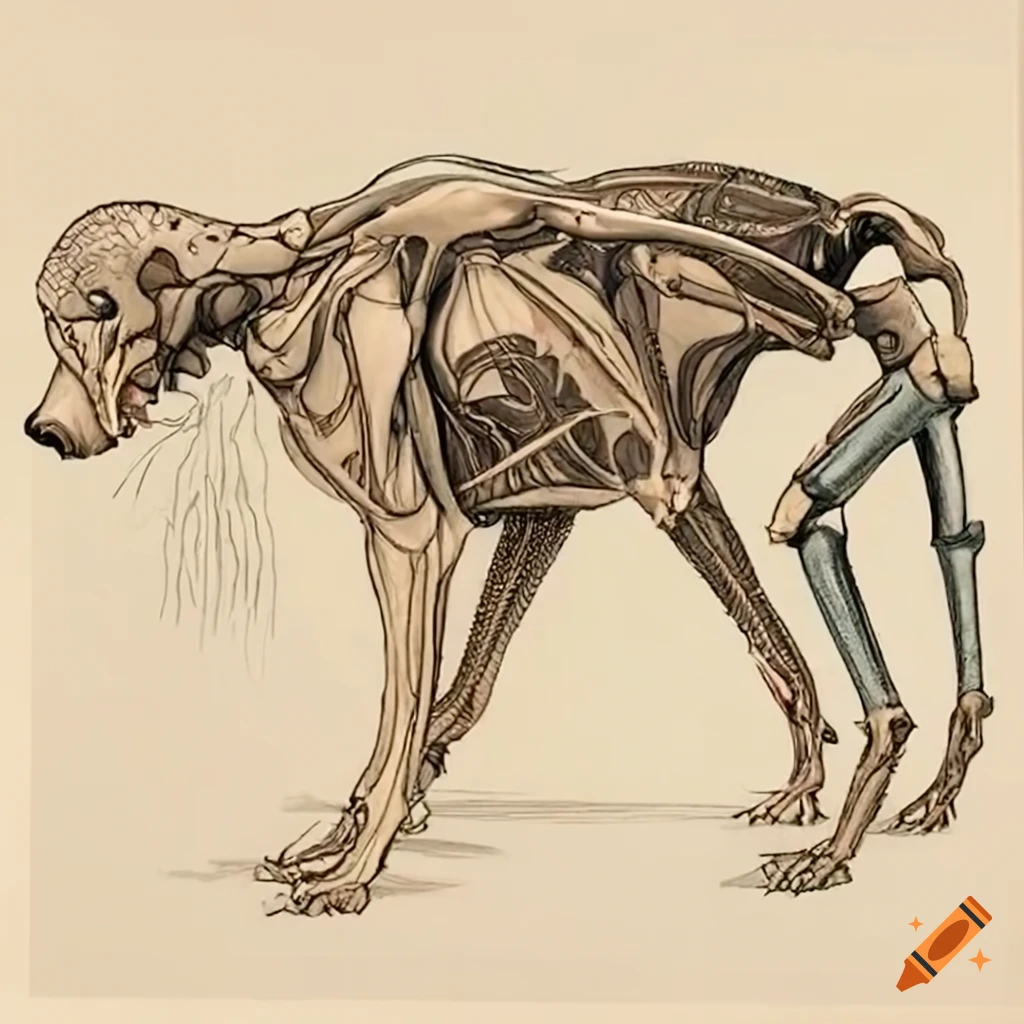 Detailed drawings of robotic dog anatomy in da vinci style on Craiyon