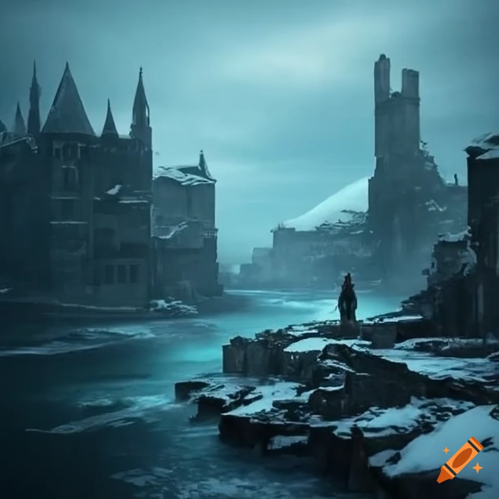 A ruined medieval city near snowcapped mountains on Craiyon