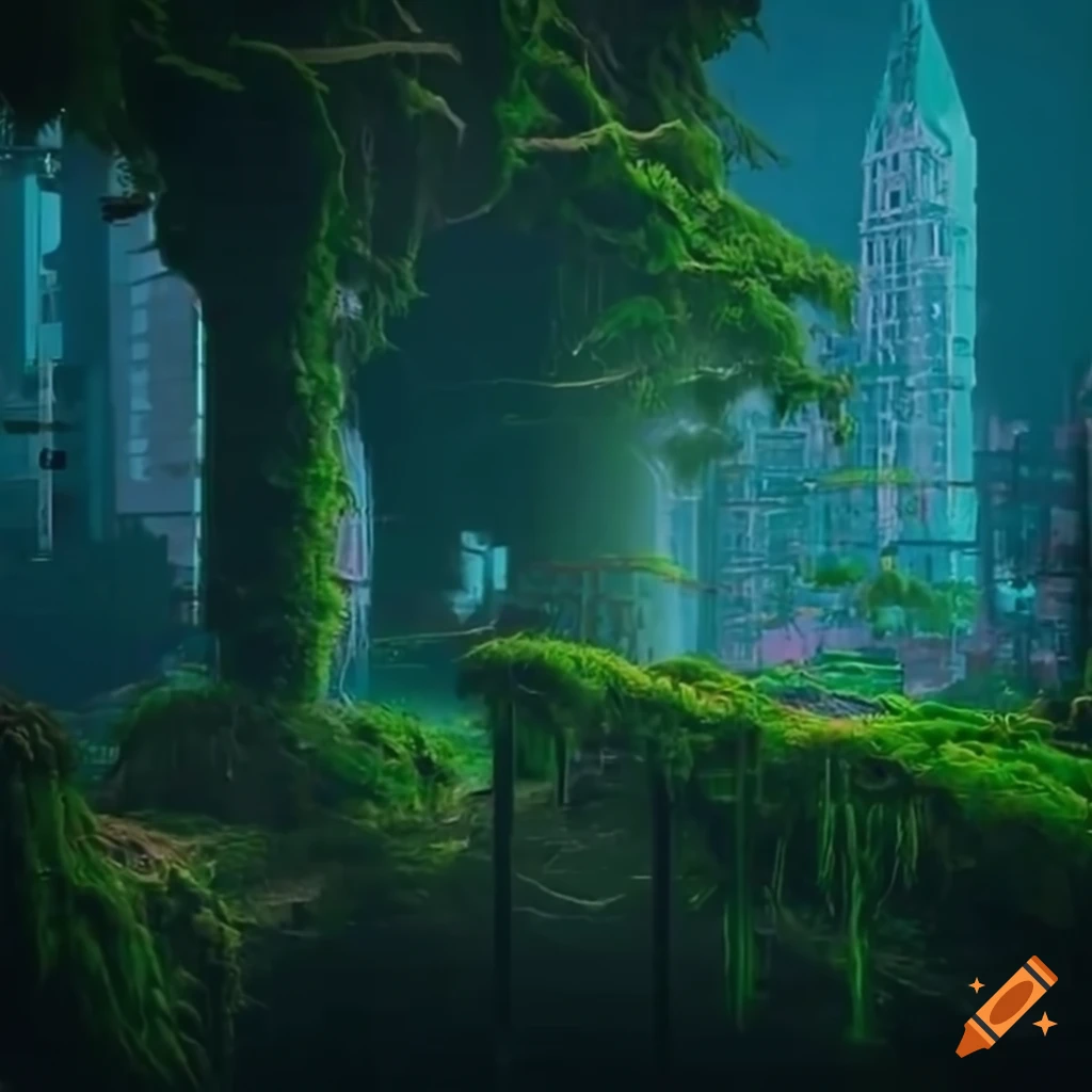 Synthwave city consumed by nature on Craiyon