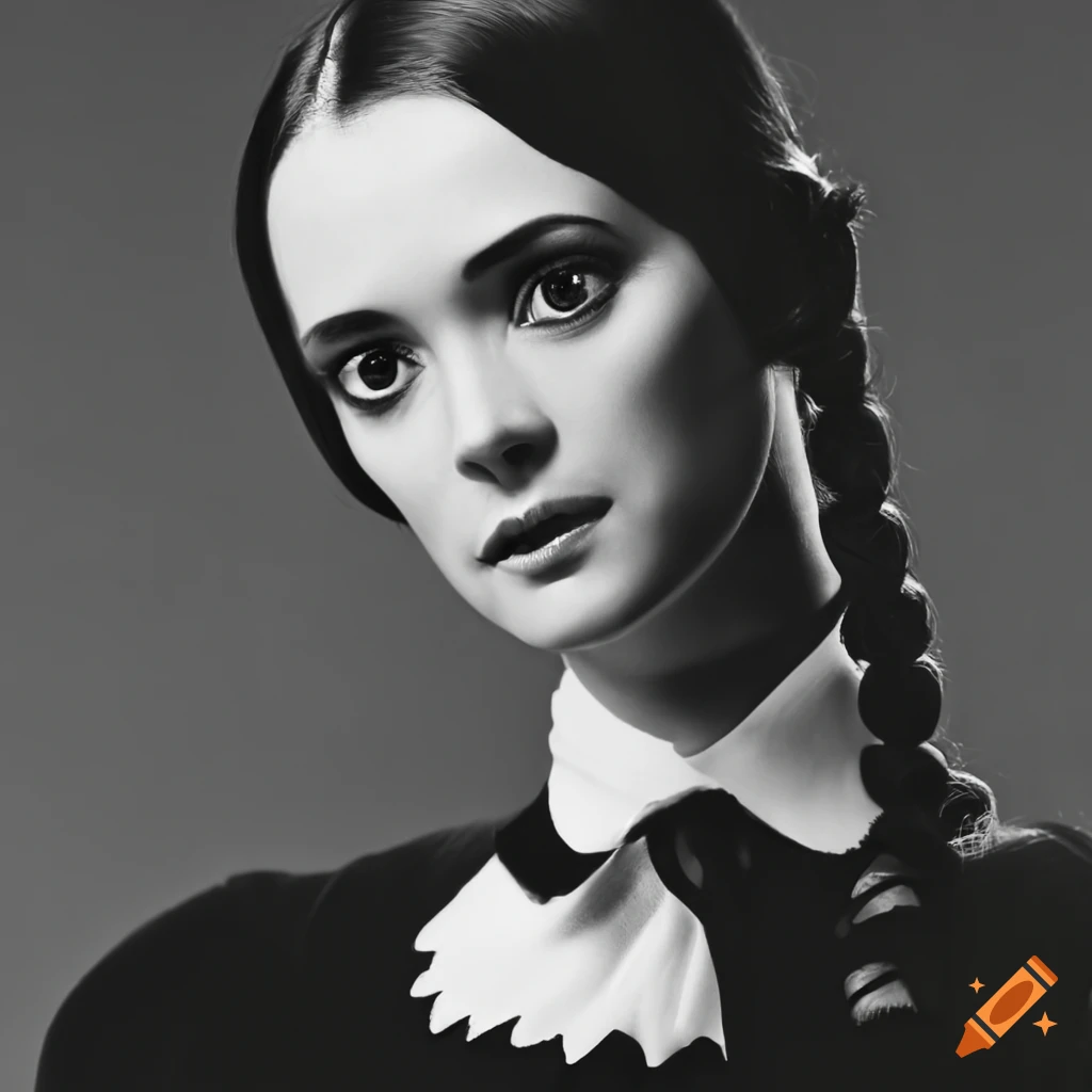 Winona Ryder as Wednesday Addams in a black dress on Craiyon