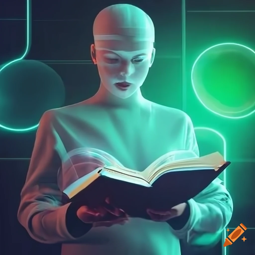 Holographic book being read by a futuristic hologram person on Craiyon